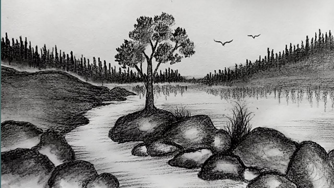 How to draw a realistic scenery||Easy drawing for beginners||JAVERIA ...