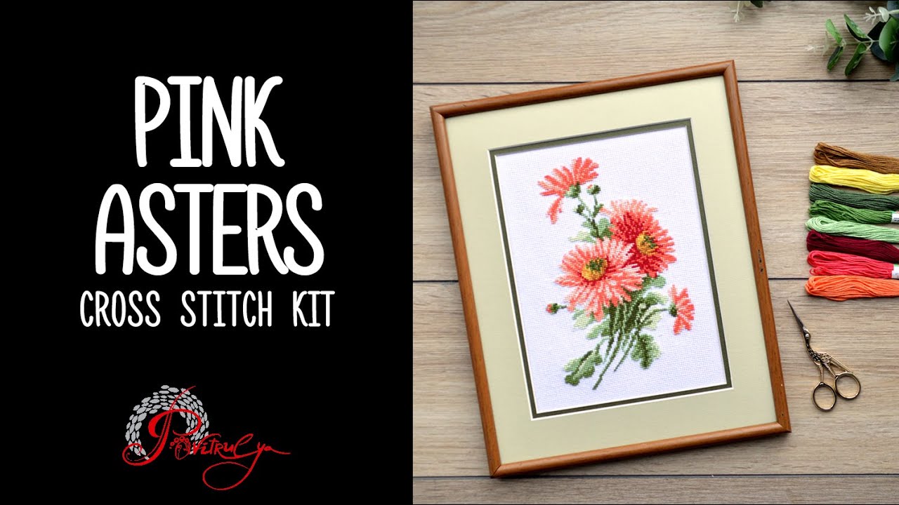 Floral Cross Stitch Kit ‘Coral Aster’ with Counted Pattern # ...