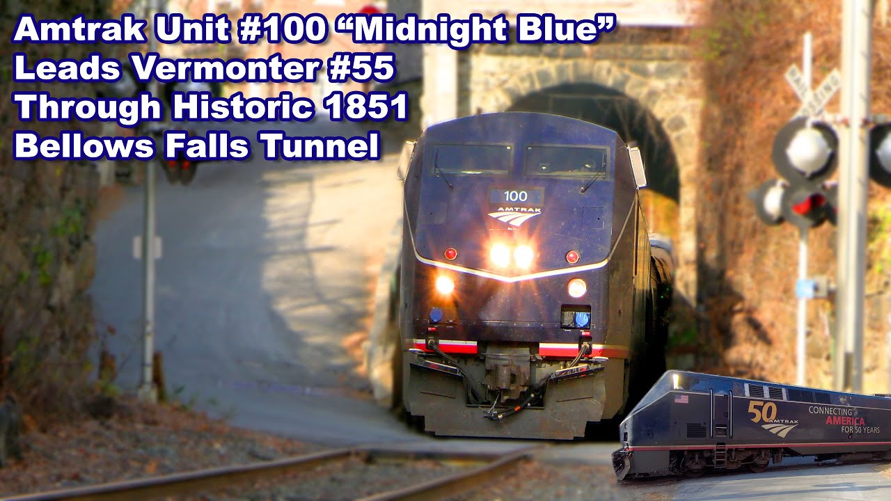 Amtrak #100 "Midnight Blue" rolls through the historic 1851 Bellows ...