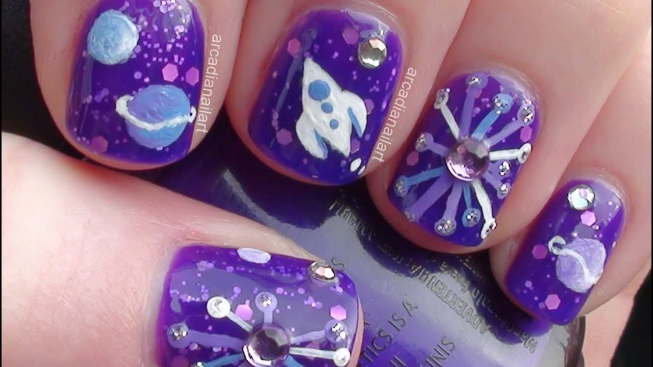 Retro Space Nail Art on Short Nails | ArcadiaNailArt - YouTube