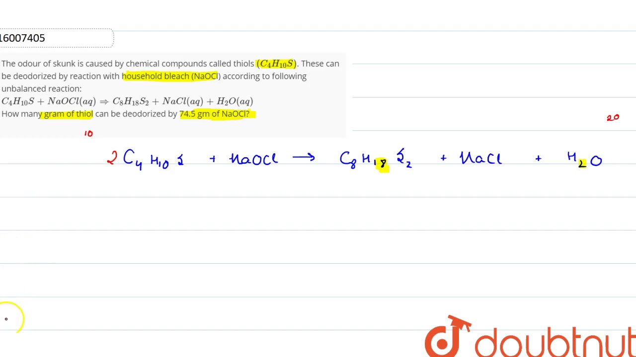 The odour of skunk is caused by chemical compounds called thiols `(C_(4 ...