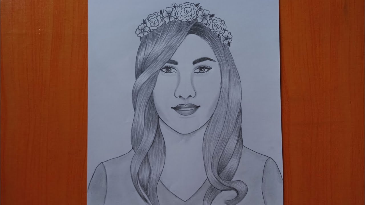 How to draw a beautiful girl with flower headband || Pencil sketch of a ...