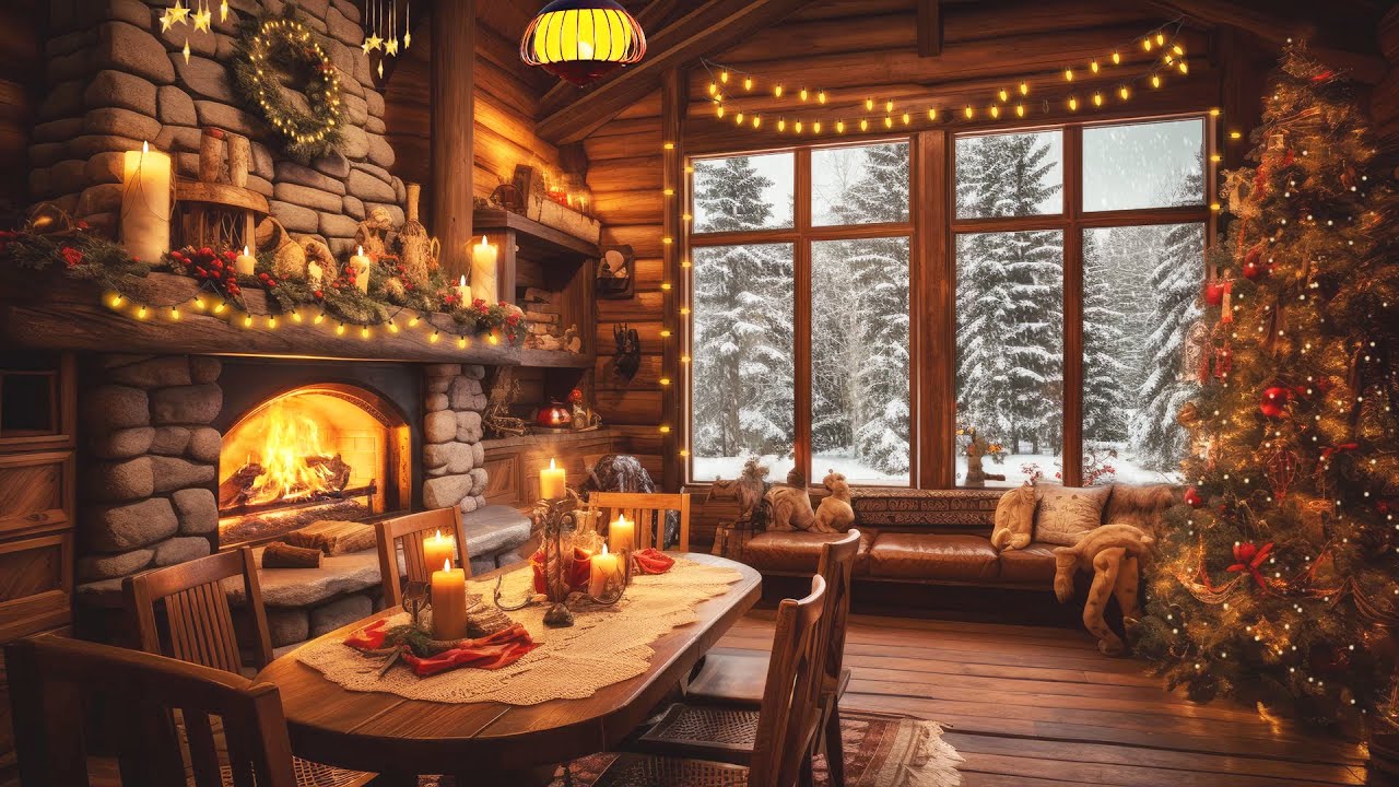 Cozy Christmas Log Cabin Ambience - Relaxing Fireplace and Blizzard ...