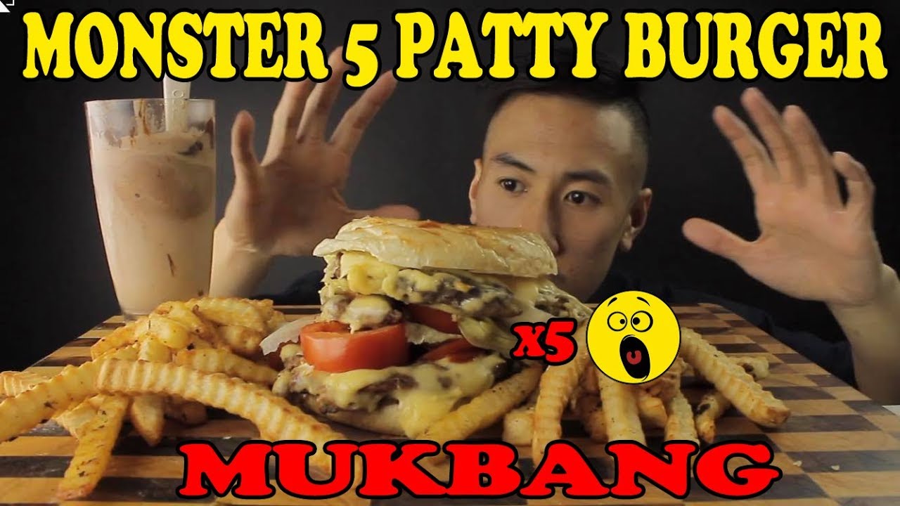 MUKBANG 5 PATTY MONSTER BURGER+NUTELLA MILKSHAKE+CRINKLE FRIES-MASSIVE ...