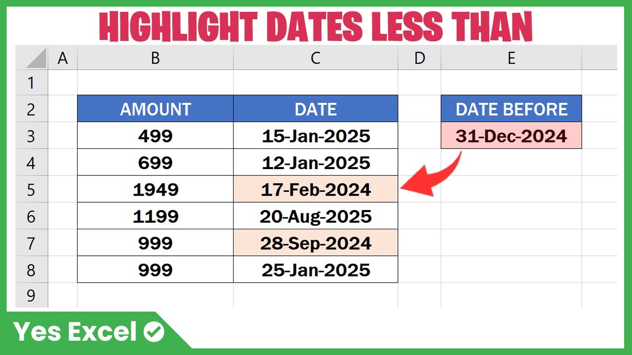 Highlight Dates Less Than a Specific Date in Excel - YouTube