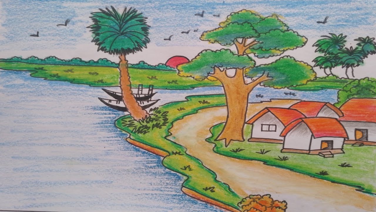 beautiful landscape drawing scenery | Simple scenery | Nature drawing ...