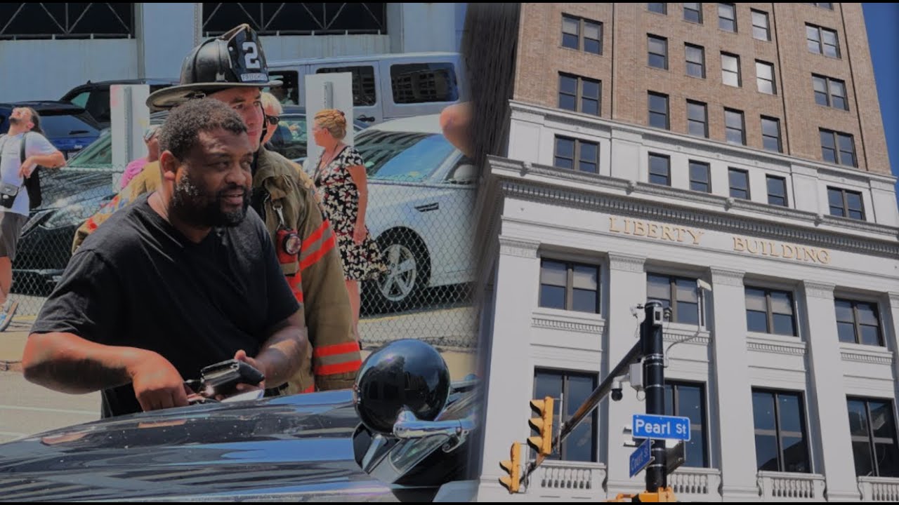 Bricks fall 13 stories from Buffalo's Liberty Building and strike pedestrian in head - YouTube