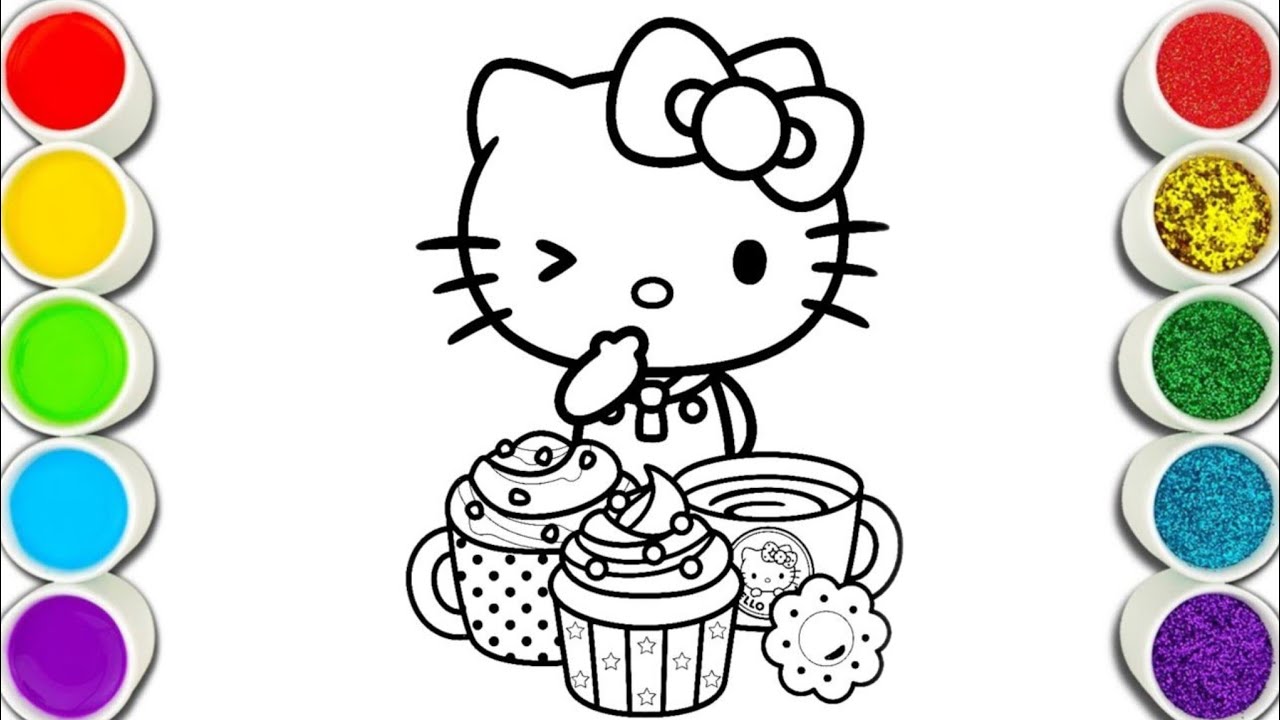 Hello kitty eating cup icecream drawing and colouring for kids and ...