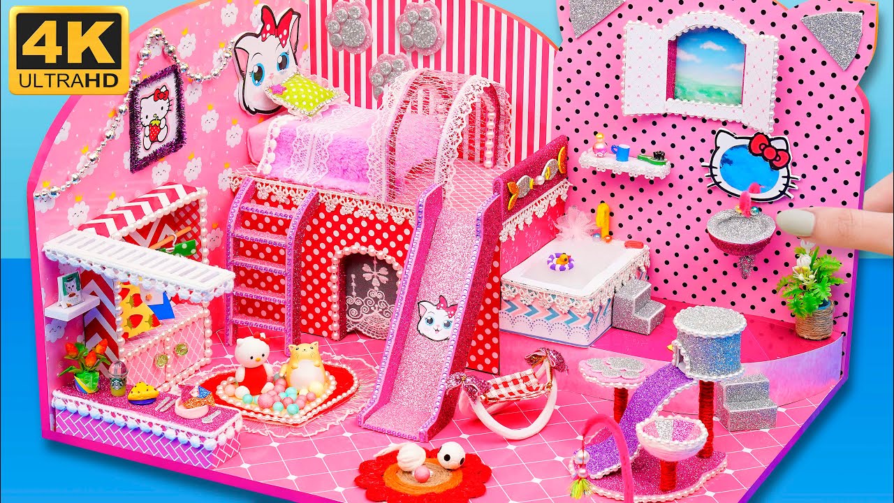 Making DIY Cute Pink Hello Kitty Cardboard House with Four Rooms for ...