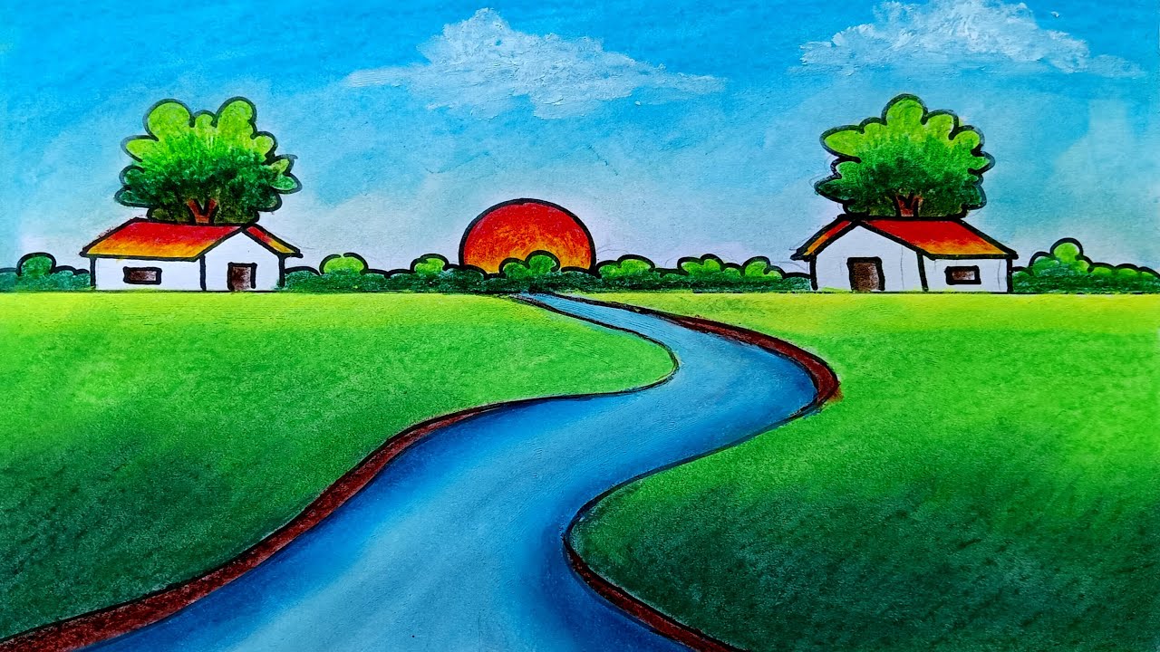 comely village scenery drawing / beautiful landscape drawing easy for ...