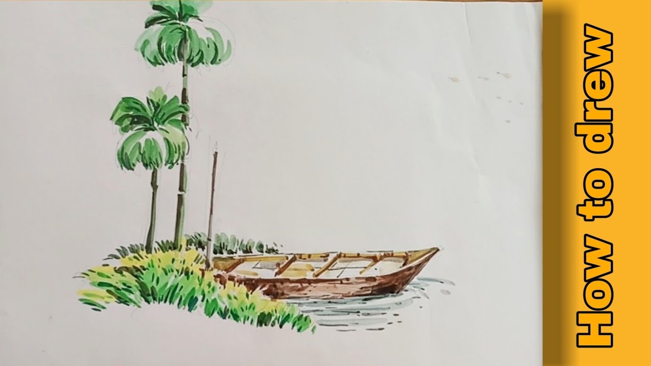 How to draw scenery of river & boat step by step_boat drawing ...