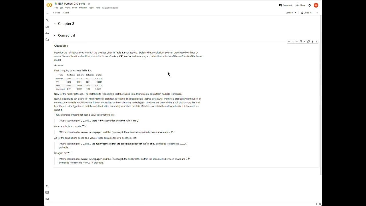 Intro to Statistical Learning (2nd Ed), Solution to Problem 3.1C | Null Hypotheses - YouTube