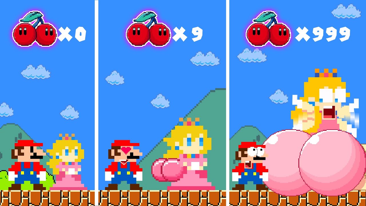 Super Mario Bros. but Mario and 999 Cherry Powerups turn Peach to Giant ...