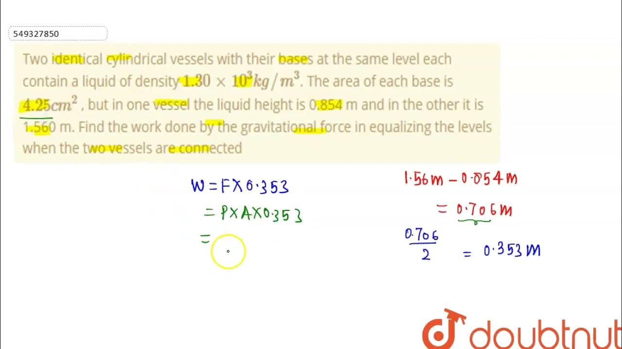 Two identical cylindrical vessels with their bases at the same level each contain a liquid of de ...