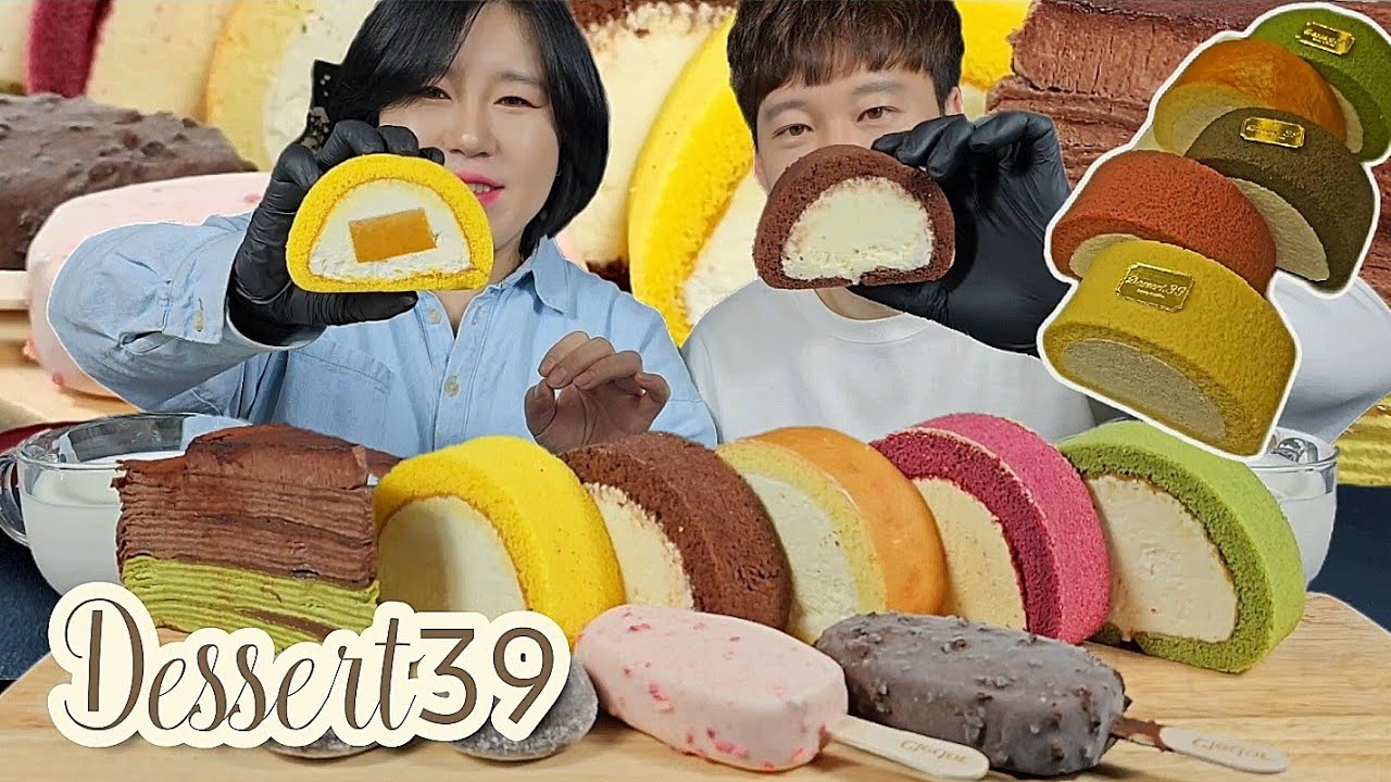eating) 달콤한🧁디저트39 도쿄롤 케이크ㅣ생쵸코 녹차크레이프ㅣ끌레도르ㅣ생크림먹방ㅣCREAM CAKE DESSERTㅣ ...