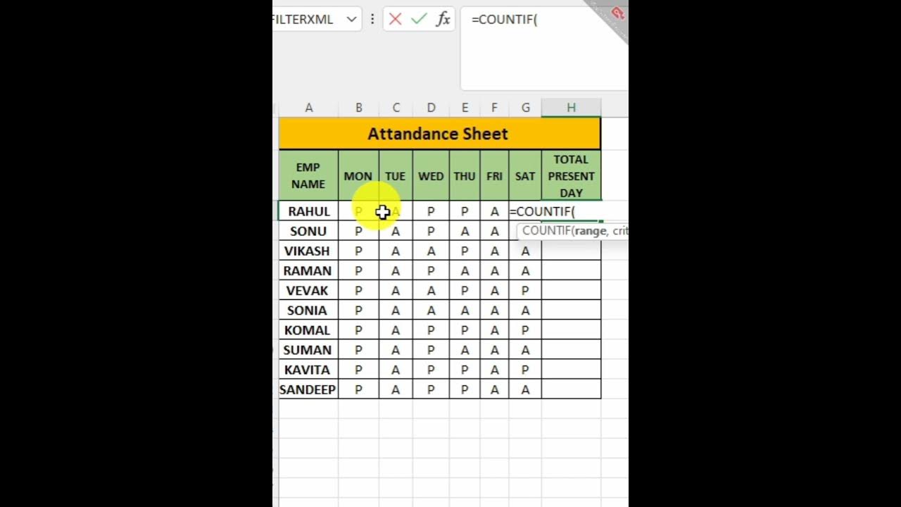 How to Calculate Attendance Sheet Total Present Day In Excel कैसे सीखिए #excelformula #exceltips ...
