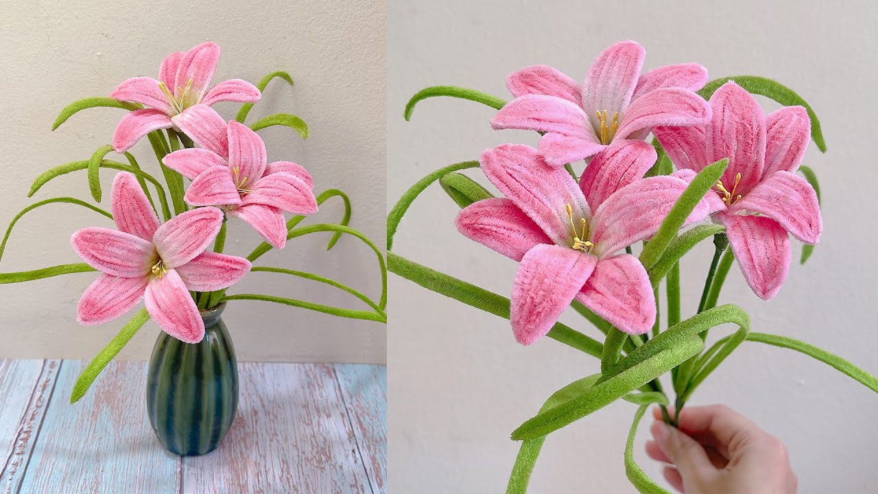 🌺 Beautiful Pipe Cleaner Flower Craft | Pink Rain lily Pipe Cleaner ...