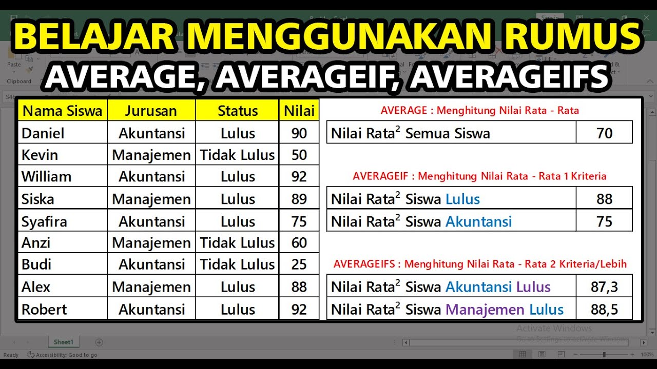 Belajar Rumus AVERAGE, AVERAGEIF, dan AVERAGEIFS di Excel - YouTube