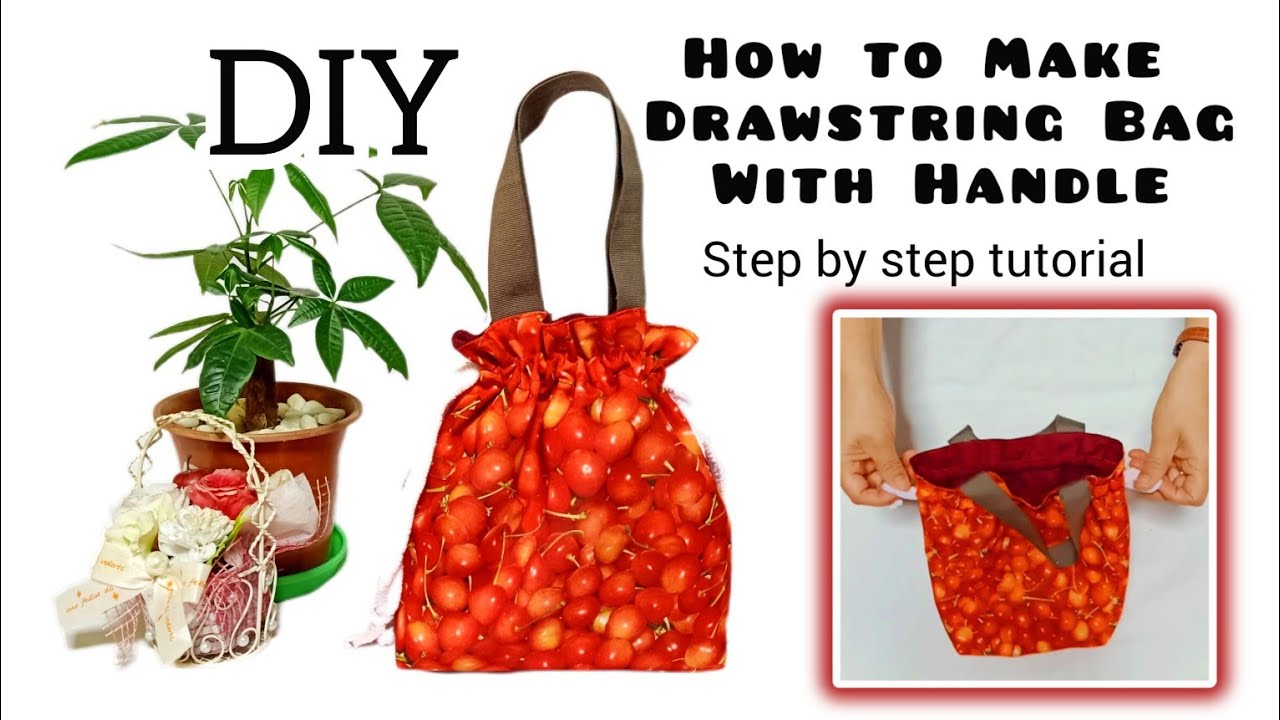 DIY Drawstring Bag with handle/ How to make drawstring mini bucket bag ...