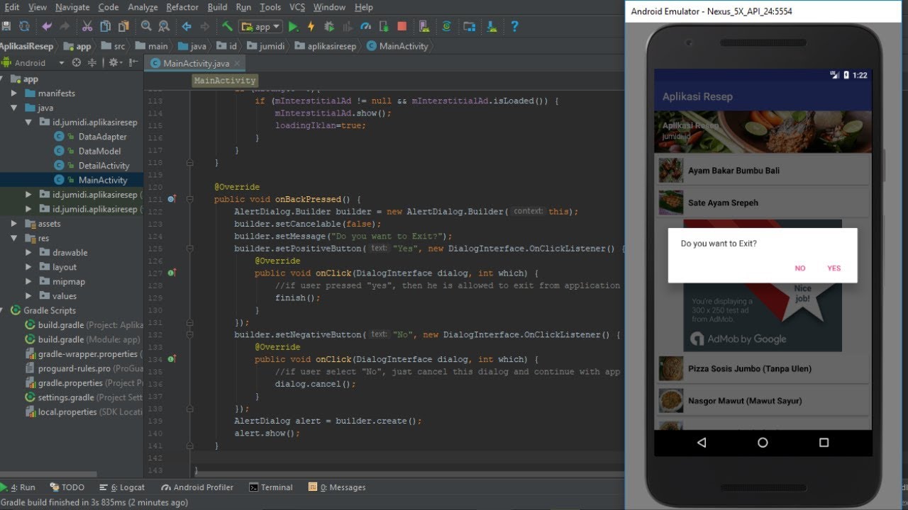Membuat Alert Dialog Exit Yes atau No di Android Studio - YouTube