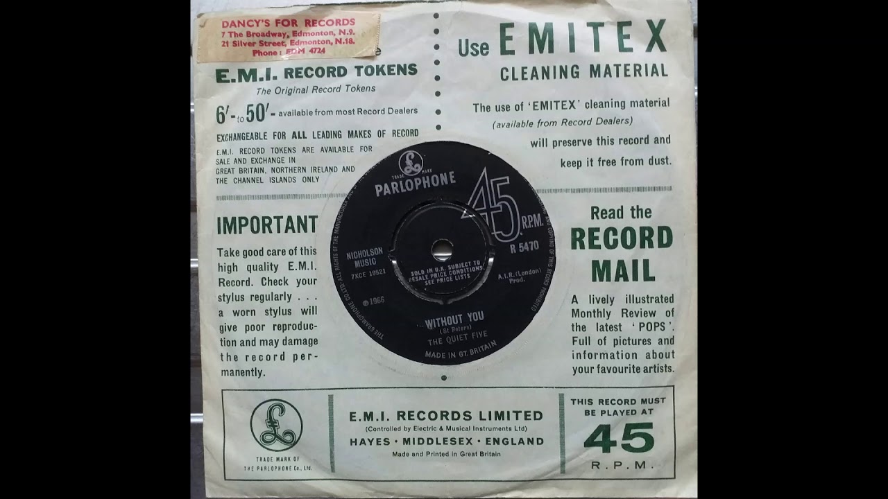 The Quiet Five - Without You (1966 Parlophone R 5470 b-side) - YouTube