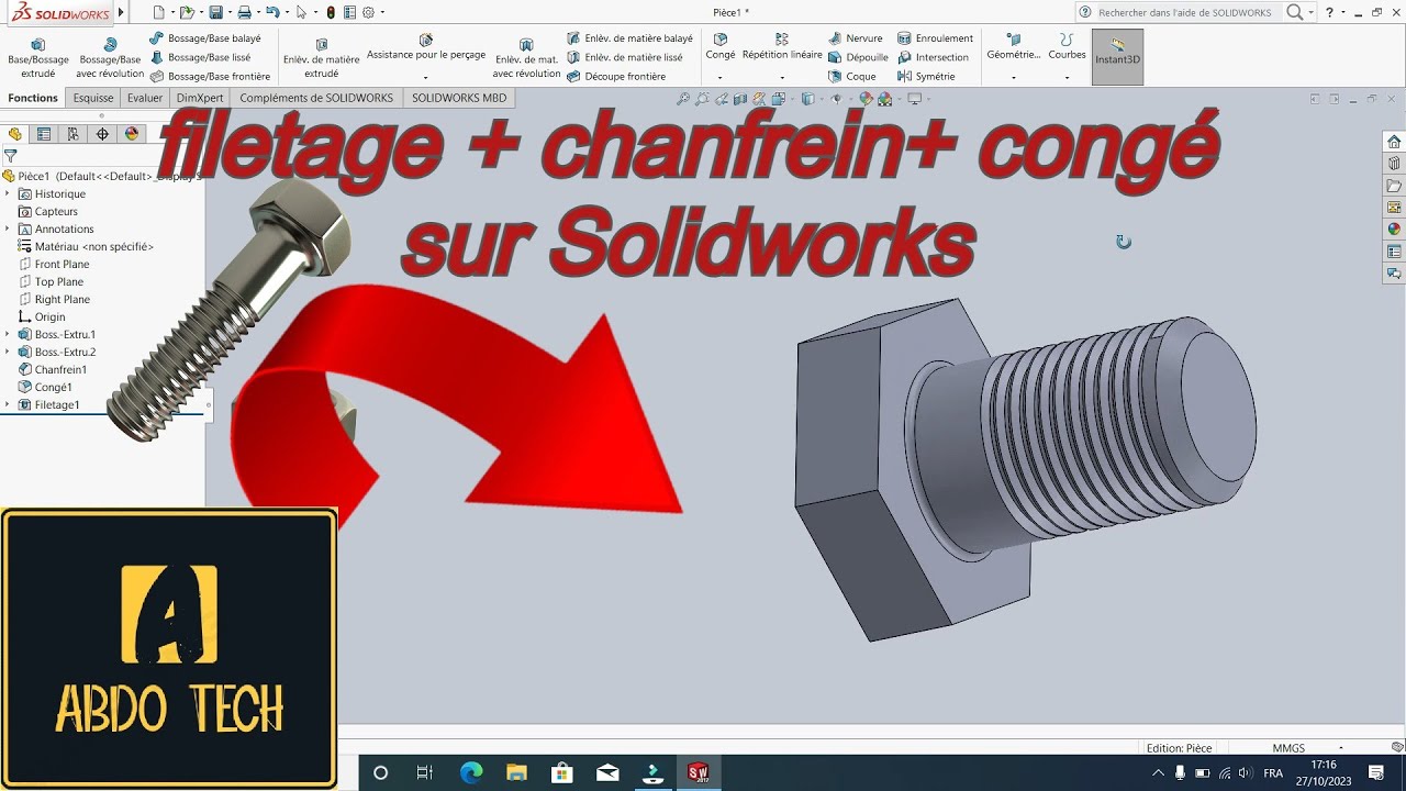 réaliser un filetage, un congé et un chanfrein sur #solidworks # ...