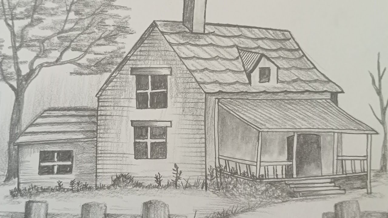 Beautiful house drawing||Pencil drawing of a beautiful house step by ...