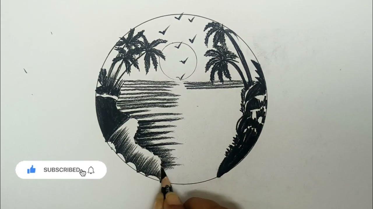 How to Draw Beautiful Sunset in the Beach | Easy Sunset Scenery Drawing ...