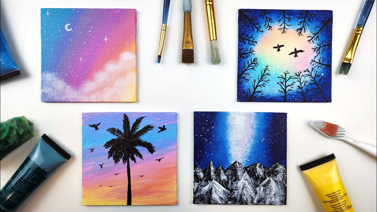 4 Easy Acrylic Painting Ideas on Mini Canvas - YouTube