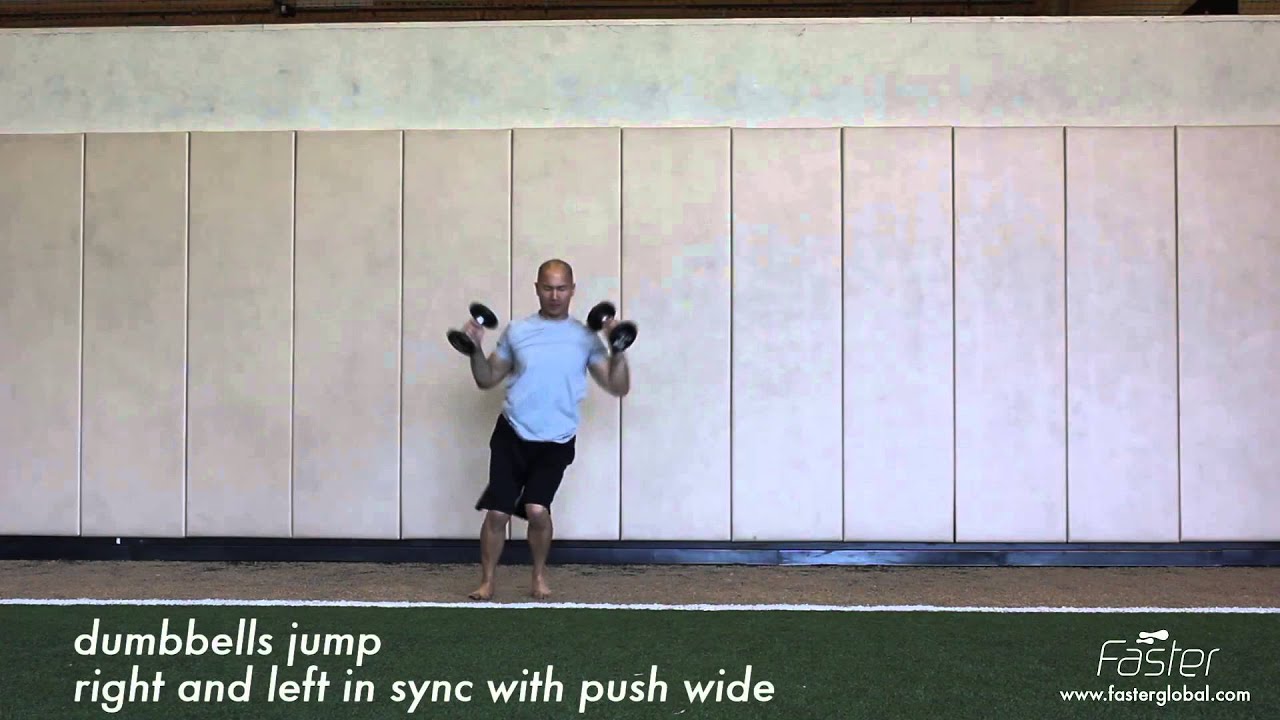 dumbbells jump right and left in sync with push wide - YouTube