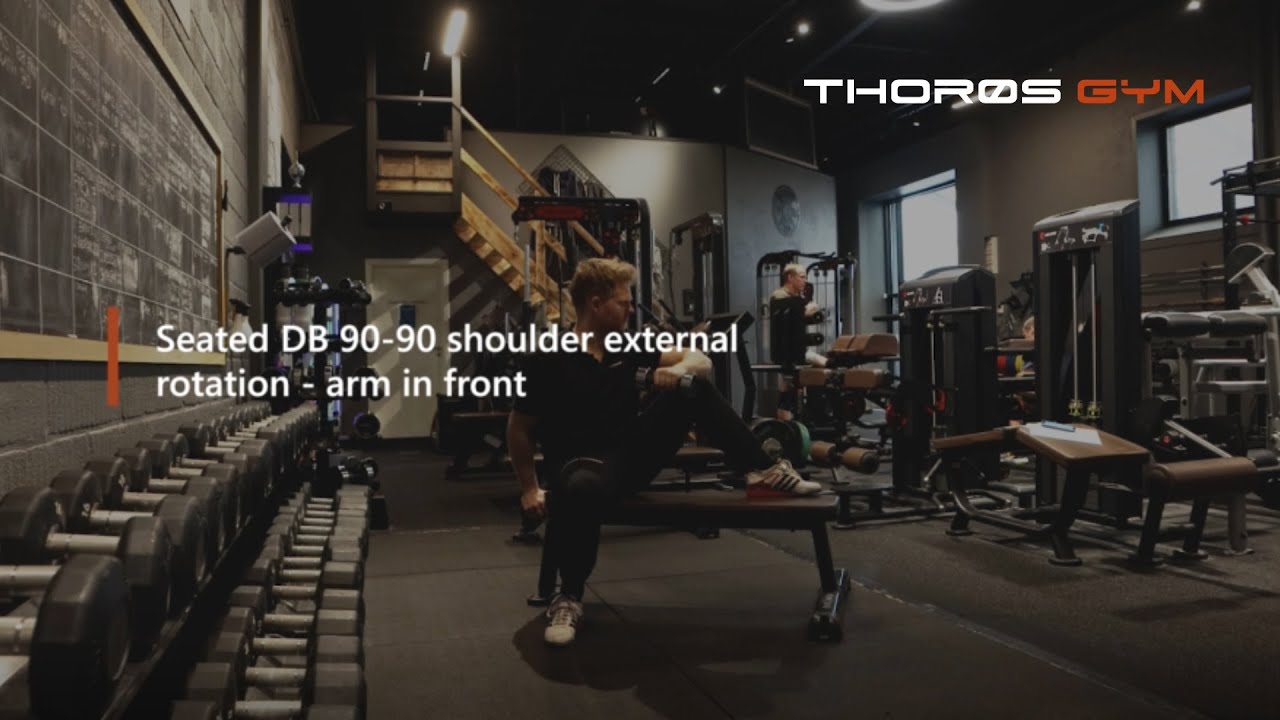 Seated DB 90-90 shoulder external rotation, arm in front - YouTube