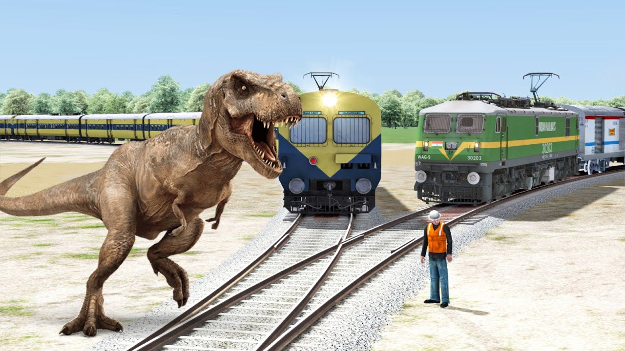 ANGRY DINOSAUR ON RAILWAY TRACKS | T-Rex at Diamond Crossing | BeamNG ...