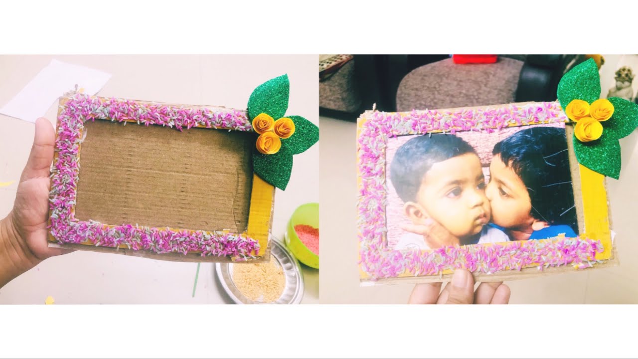 Photo frame craft||photo frame Rice craft||Cardboard craft||best out of ...