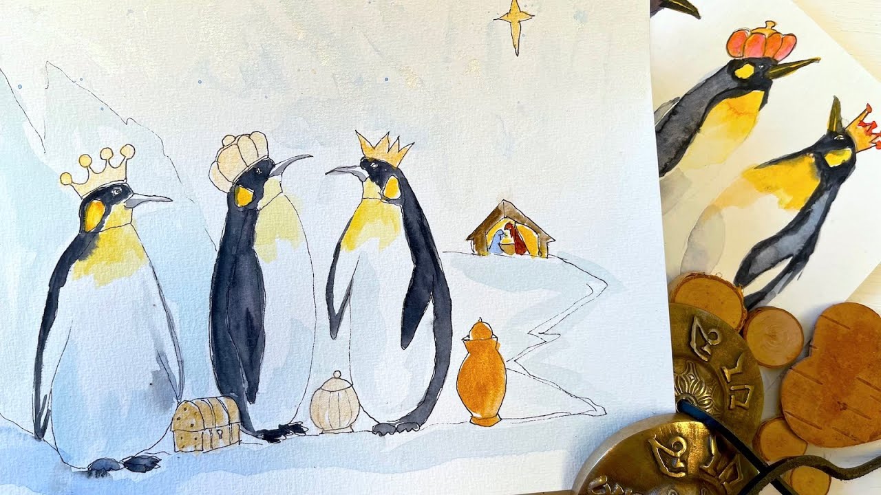 Three King Penguins - How to draw penguins and paint them easily and ...