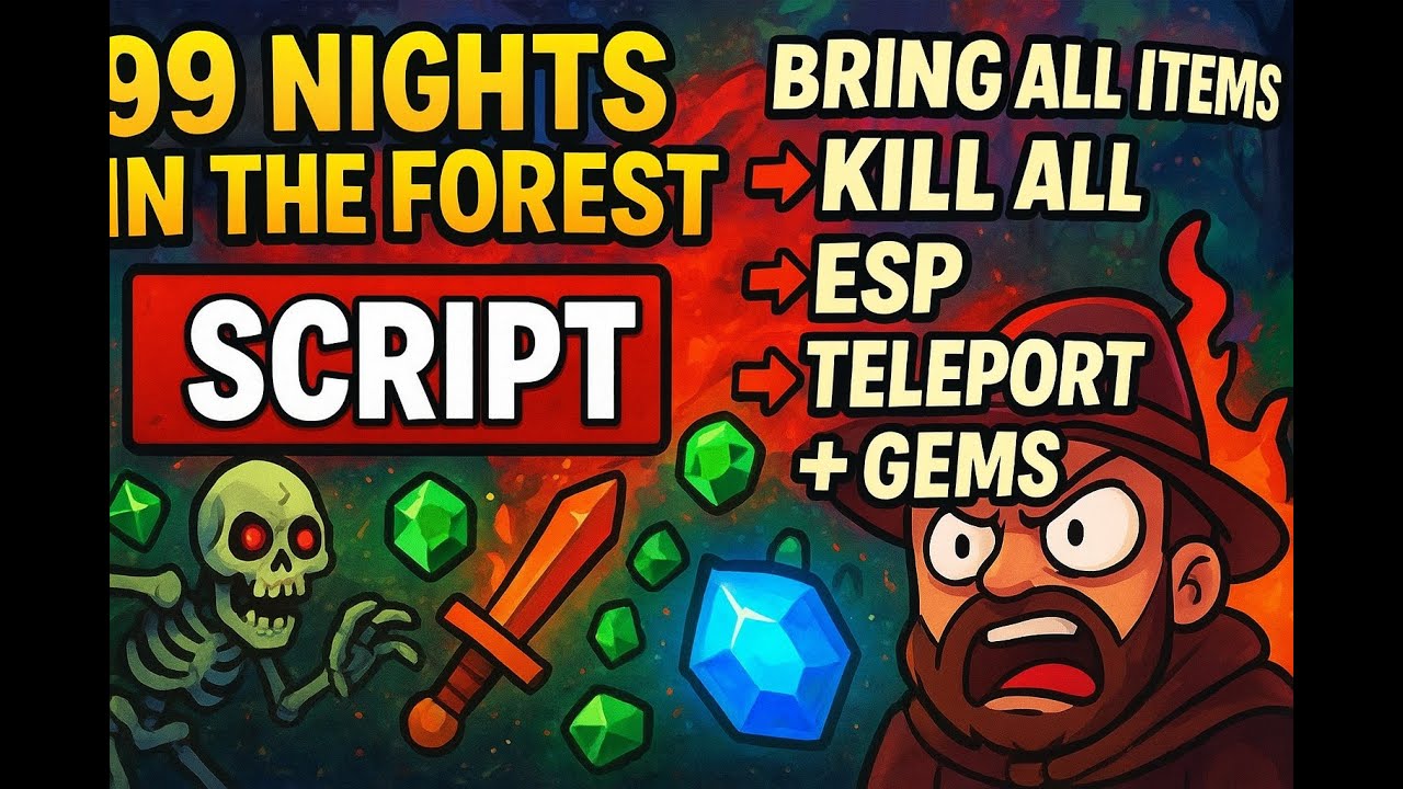 99 Nights in the Forest SCRIPT Keyless Gui [BRING ALL ITEMS, KILL ALL, ESP, TELEPORT + GEMS ...
