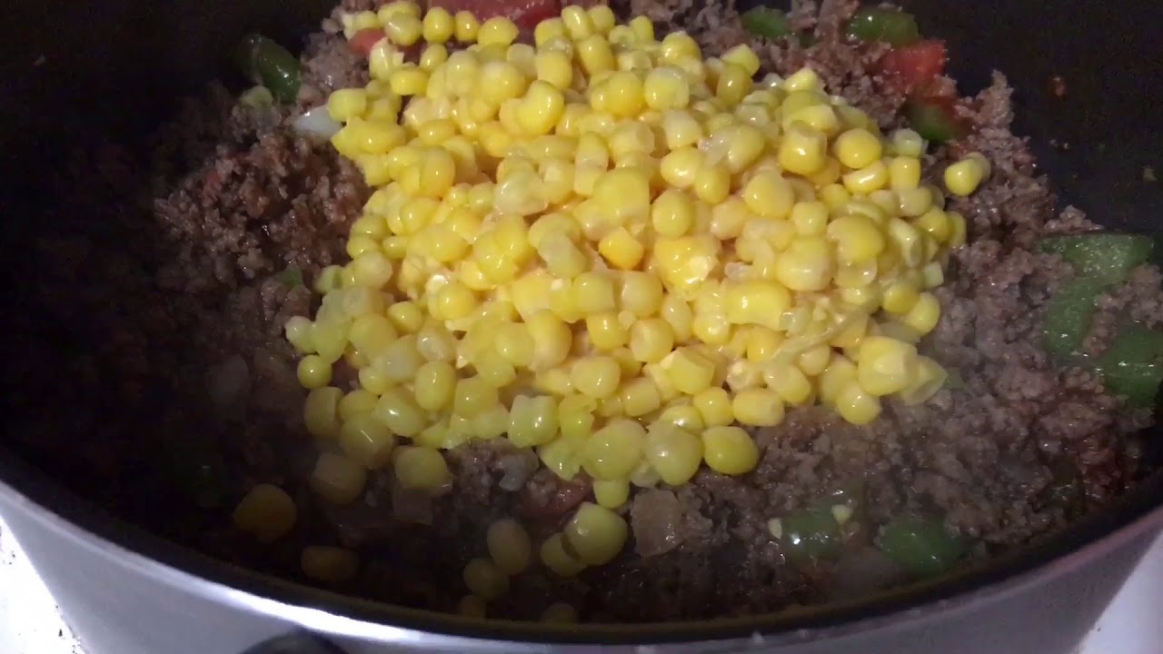 Cooked hamburger meat with corn and potatoes - YouTube