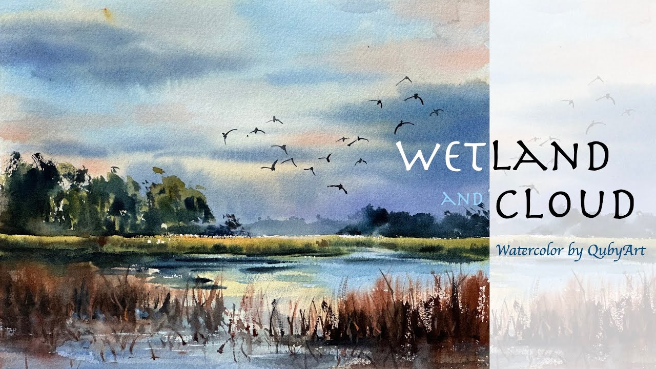 Cloud and Wetland | Simple Watercolor Landscape Painting - YouTube