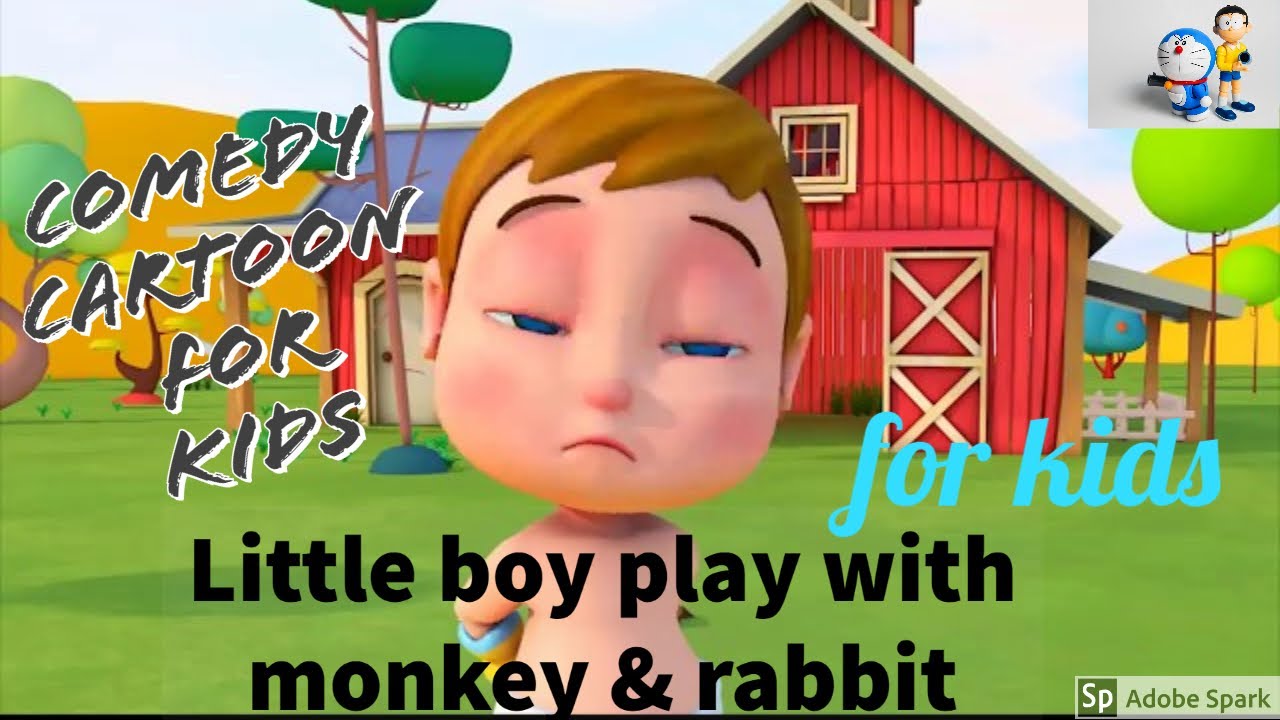 Little boy play with monkey&rabbit /comedy cartoon for kids/kids will ...