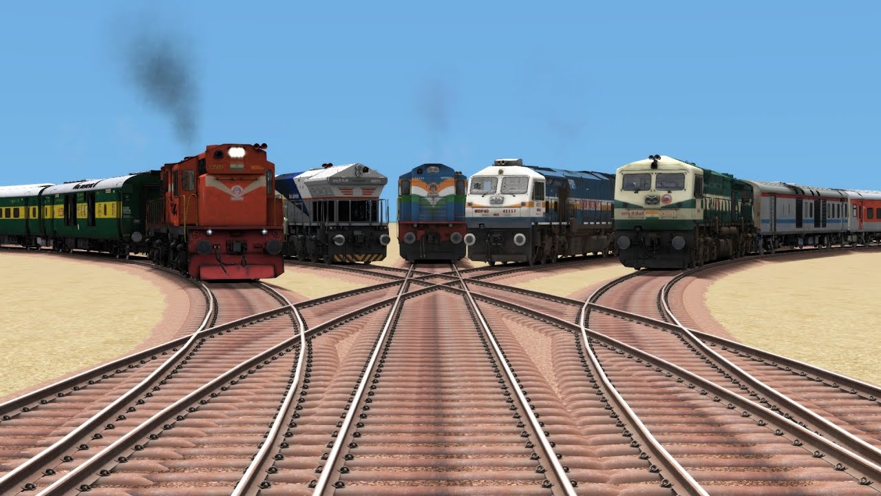 FORKED RAILROAD Five 5 Trains Crossing Each Other At Same Rail Track ...