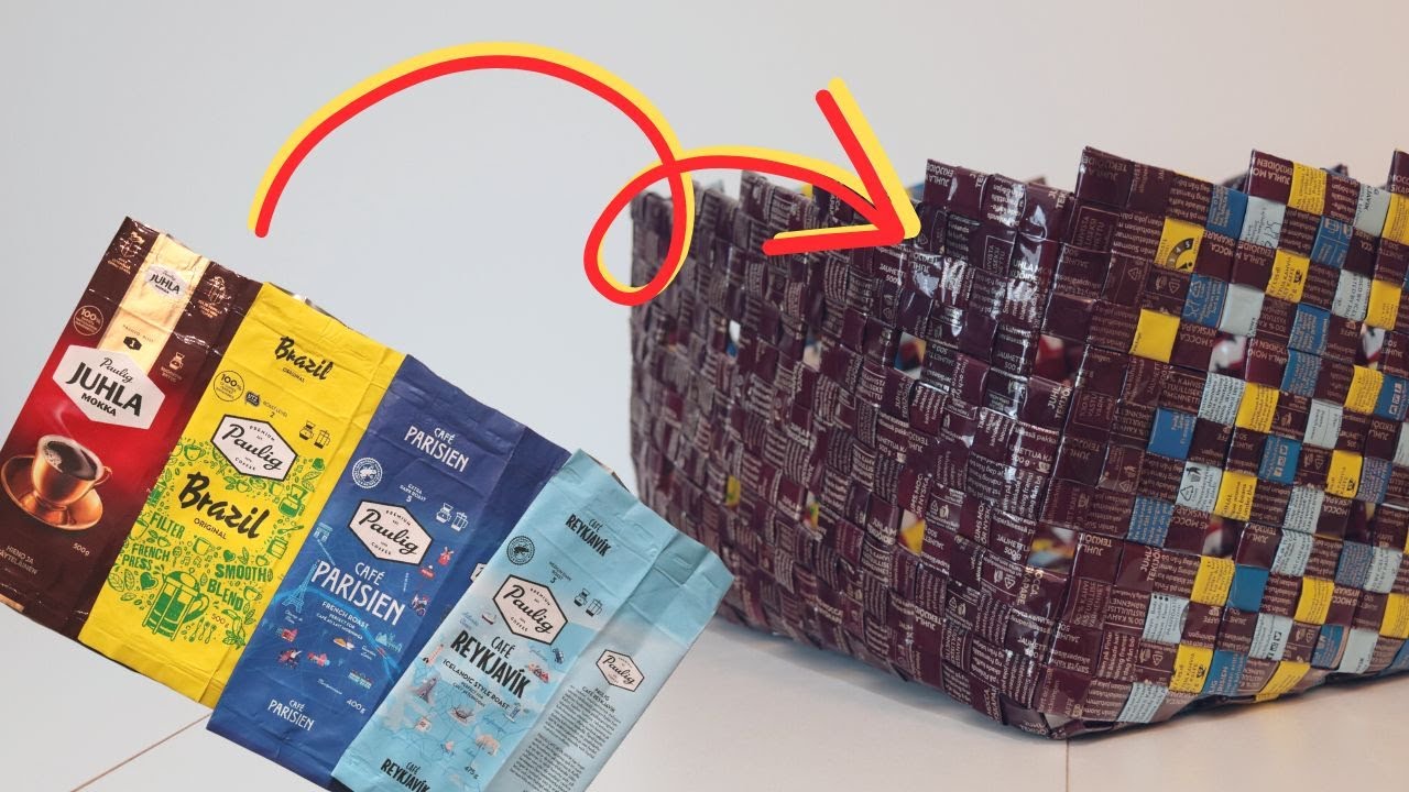 DIY recycled basket using coffee bags - tilted square design - YouTube