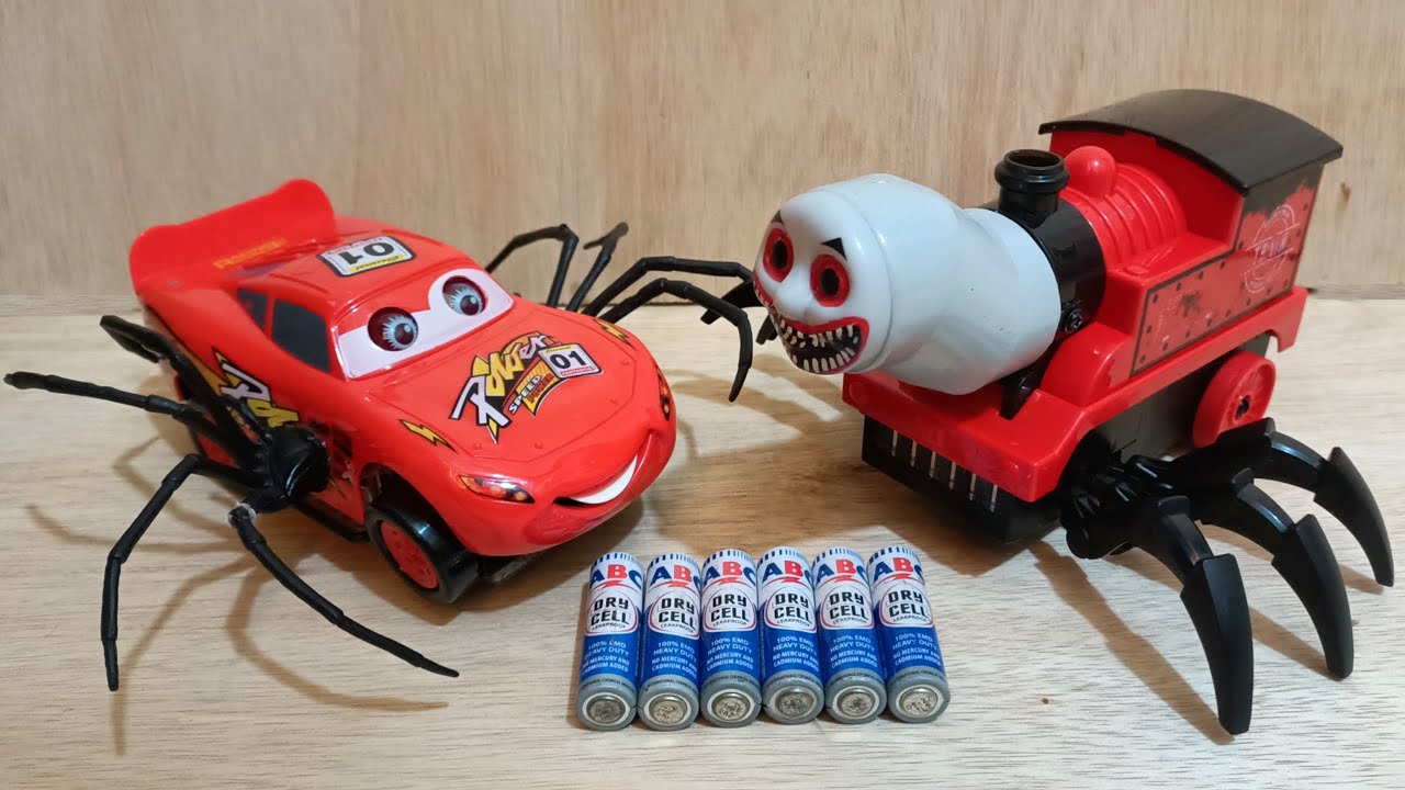 unboxing mainan mcqueen laba laba dan kereta thomas leher panjang ...