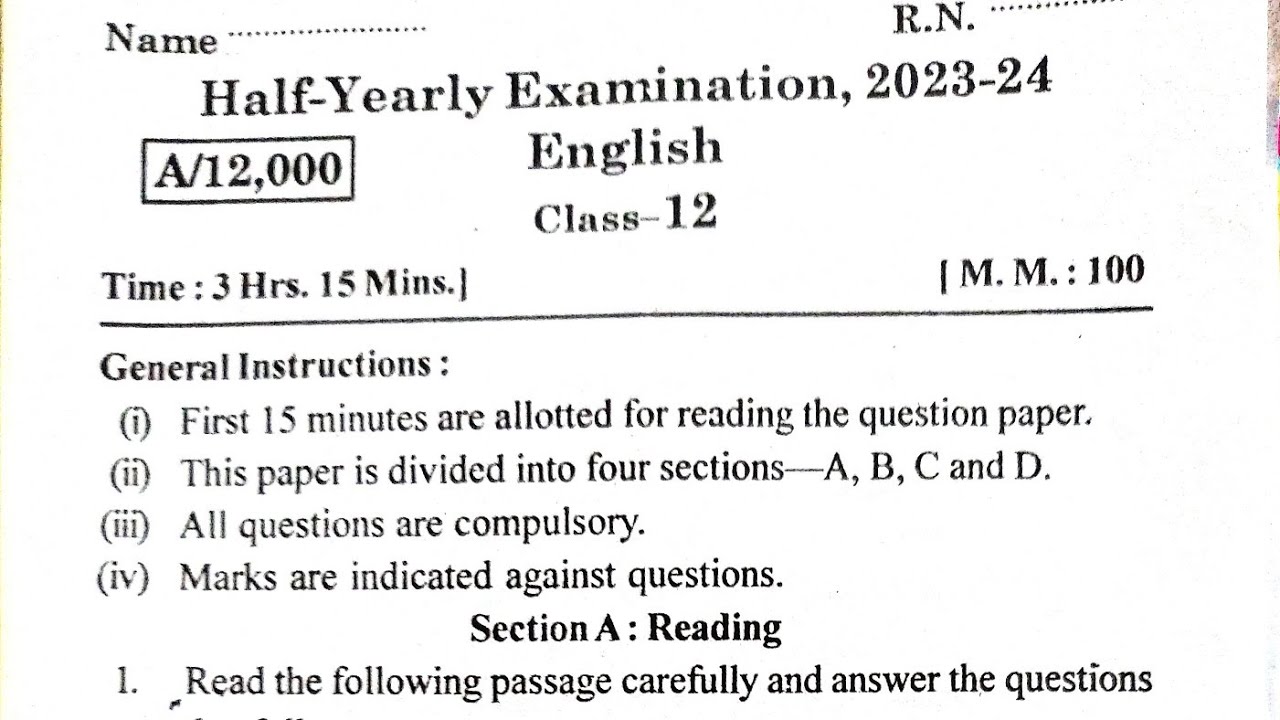 Class 12th English paper 2023-24 | class 12 english half yearly paper ...
