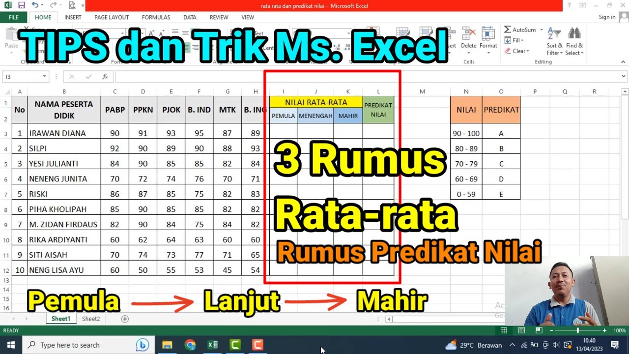 3 Rumus Rata-rata di Excel dan Menentukan Predikat Nilai || Pemula ...
