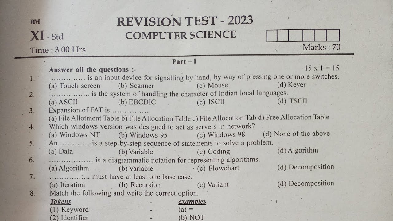 11thStandard Computer Science First Revision Test 2023 Question Paper ...