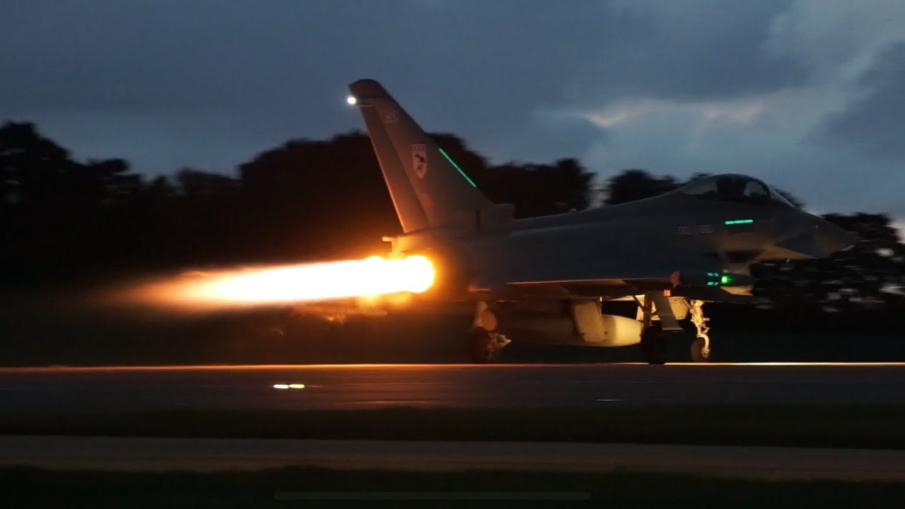 RAF Typhoon FGR4 night departure with full afterburner - August 2023 ...
