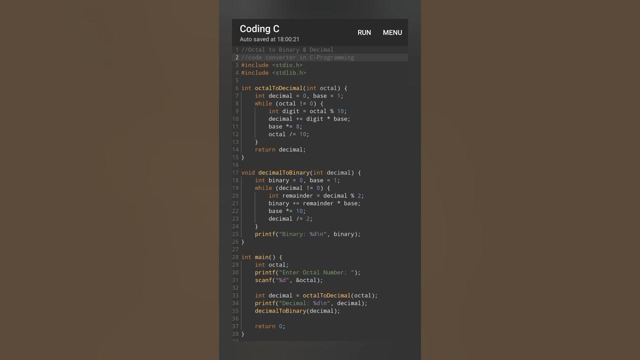 Octal to Binary & Decimal Code converter in C-Programming #octaltobinary #octaltodecimal #coding ...