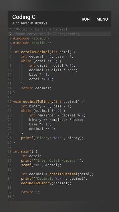 Octal to Binary & Decimal Code converter in C-Programming #octaltobinary #octaltodecimal #coding ...