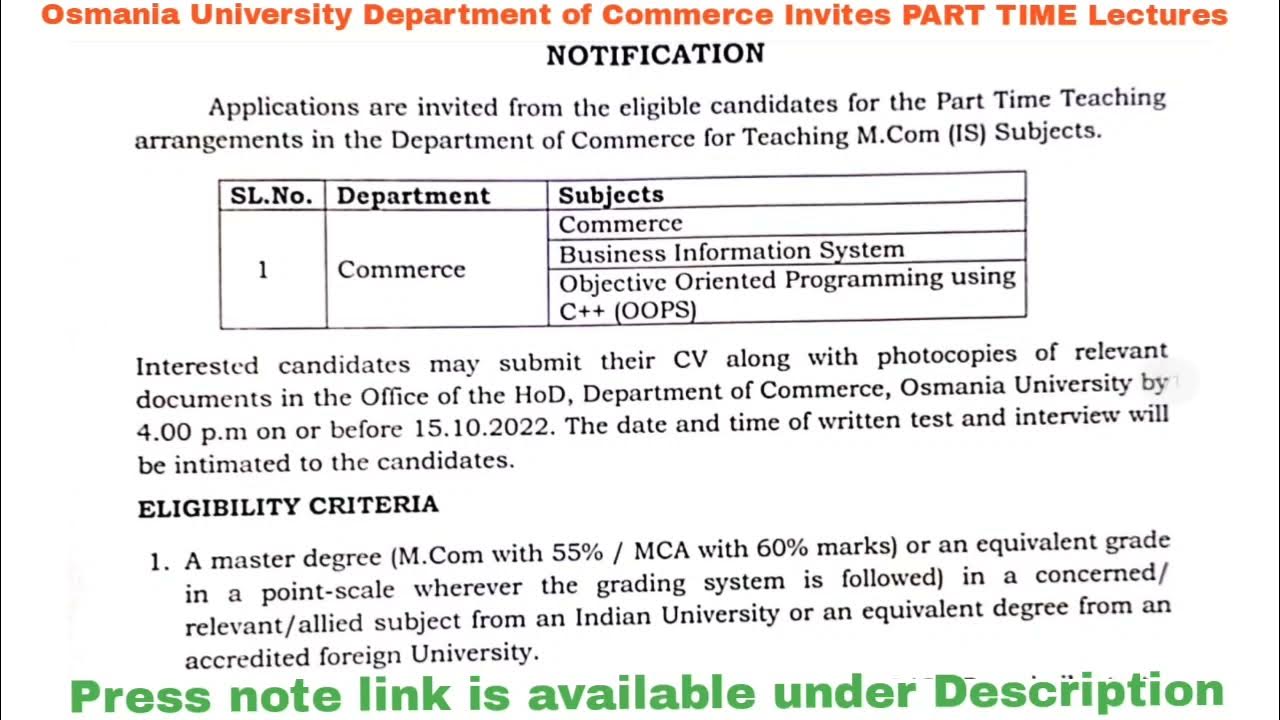 OSMANIA UNIVERSITY INVITED PART TIME LECTURES FACULTY IN NIZAM ...