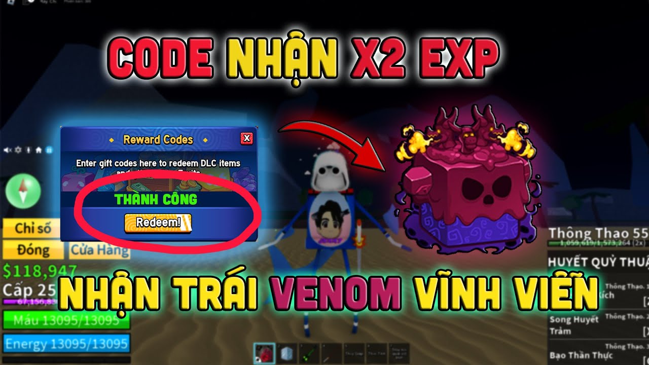 CODE X2 EXP VÀ NHẬN TRÁI VENOM MỚI NHẤT UPDATE 20 BLOX FRUITS | Jerry ...