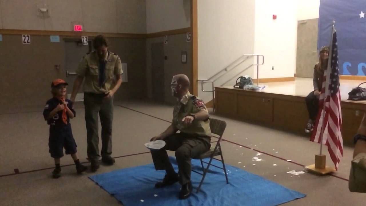 Cub Master of Pack 1776 getting a pie in the face - YouTube